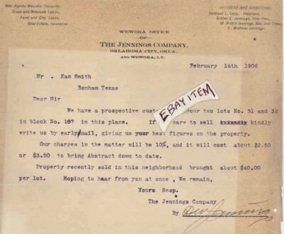 1906 Jennings WEWOKA INDIAN TERRITORY Oklahoma SEMINOLE Cortland Long ...