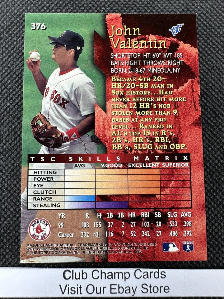 1996 #376 John Valentin Topps Stadium Club Baseball Red Sox | eBay