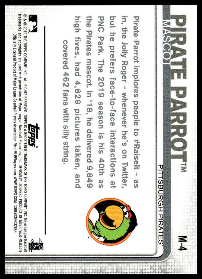 Pirate Parrot 2019 Topps Opening Day Mascots #M-4 Pittsburgh Pirates | eBay
