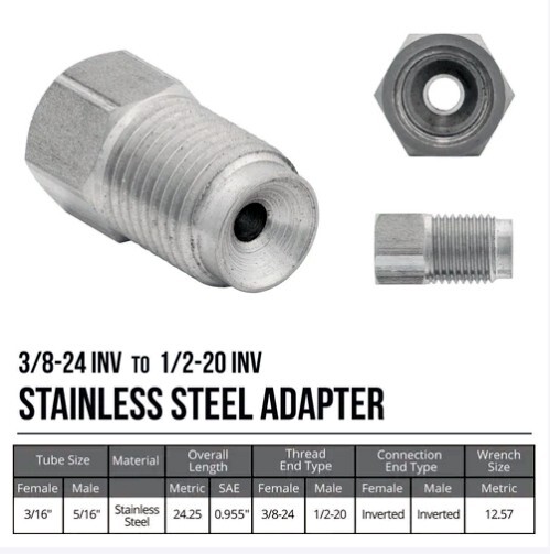1/2-20 Male x 3/8-24 Female Inverted Flare Stainless Steel MC Brake ...