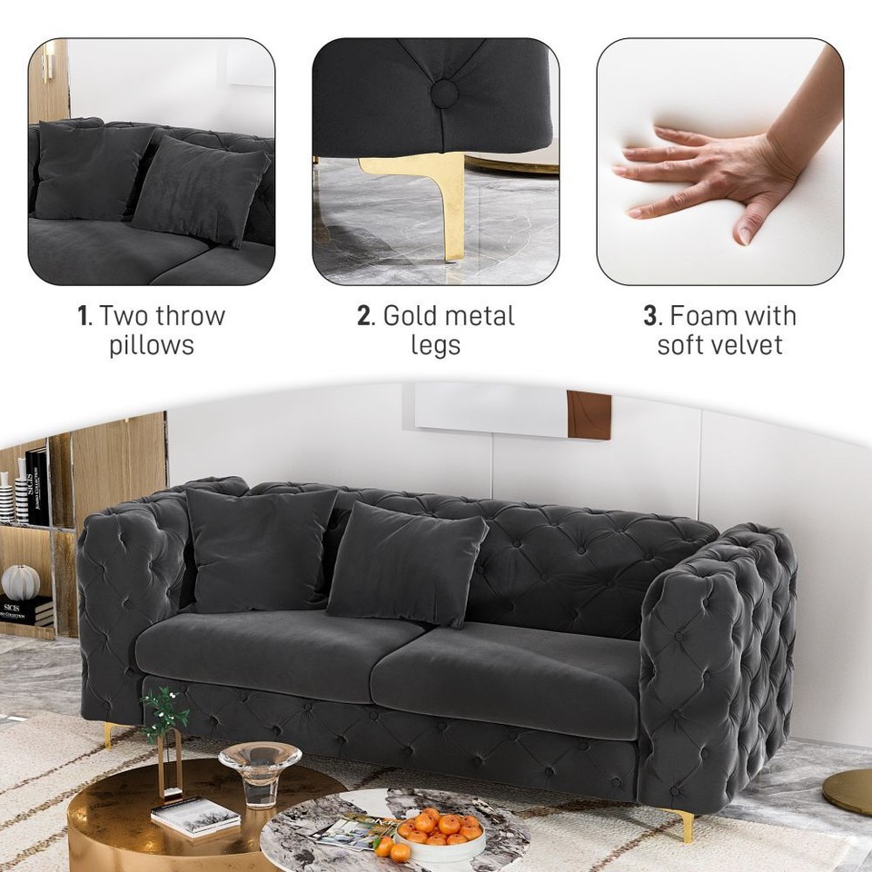 Modern Tufted Velvet Upholstered Couch Velour Casual Big Comfy Sofa w ...