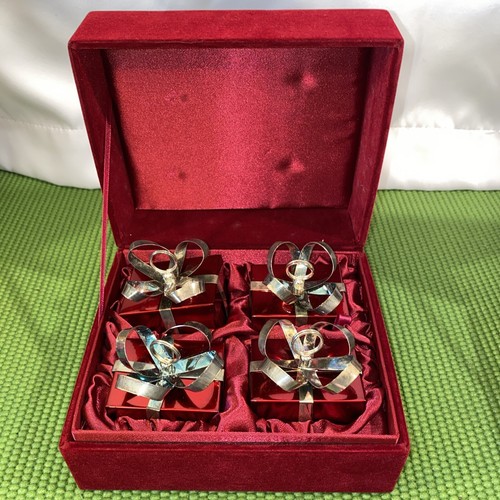 Red Velvet Felt Lined gift box w/ 4 metal Present Shaped Name card ...