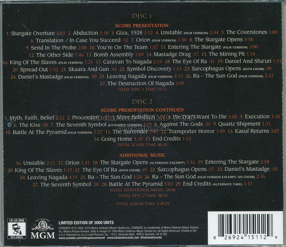David Arnold "STARGATE" score 25th Anniversary Edition 3000 Ltd 2CD ...