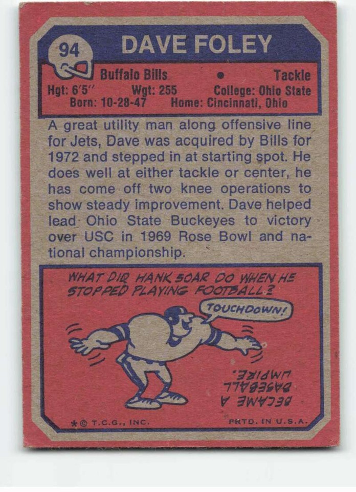 1973 Topps #94 Dave Foley G/VG Good/Very Good RC Rookie Bills ID:122936 ...