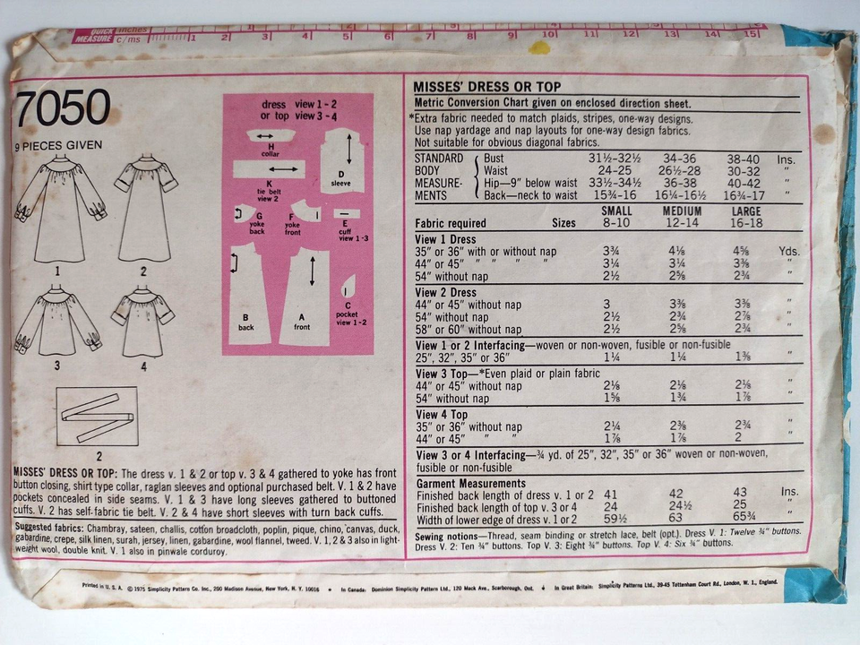Vintage/Retro 1975 Simplicity 7050 Dresses Tops Medium Sz 12-14 Cut ...