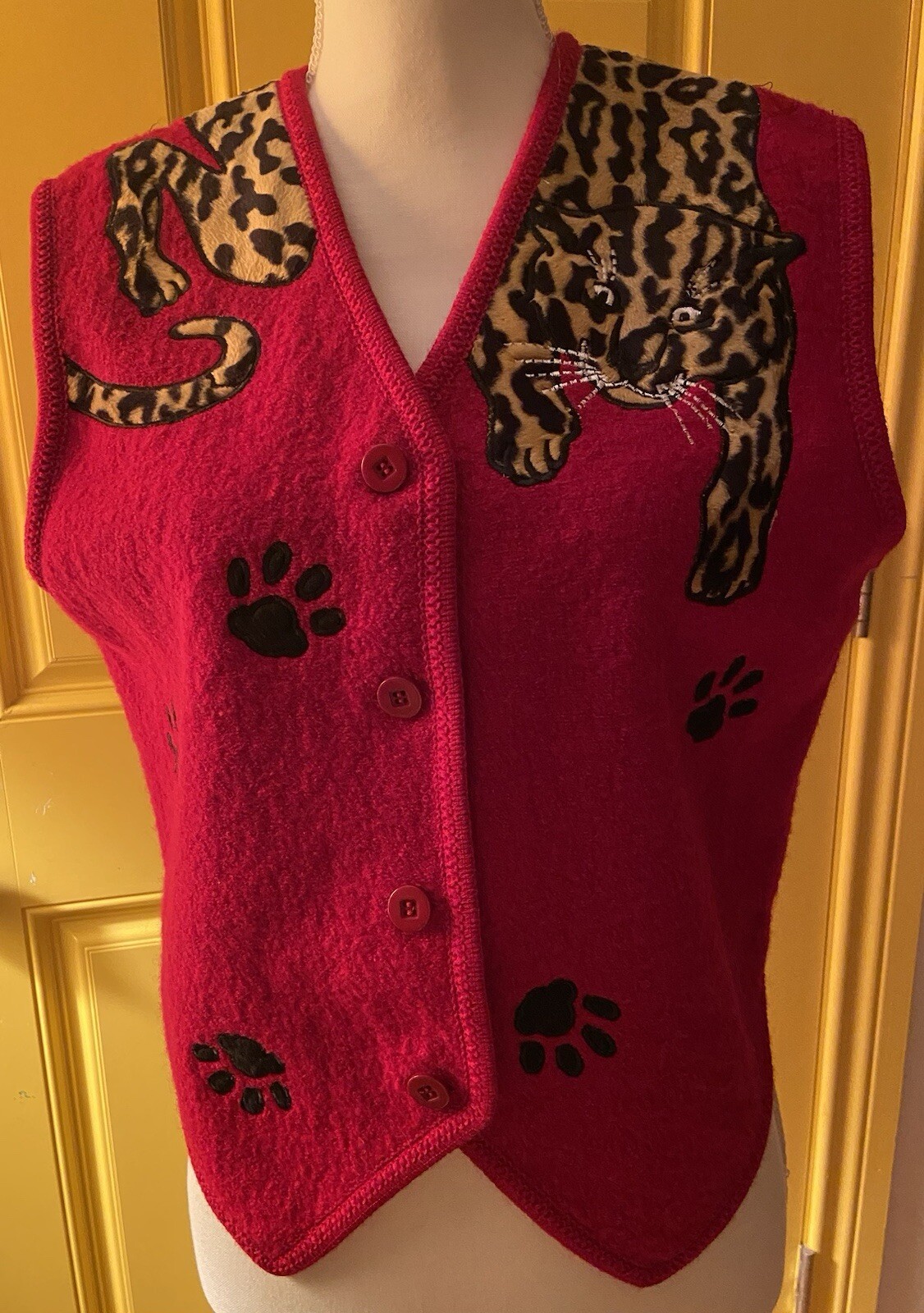 LISA INTERNATIONAL Women Pefite Vest Red Leopard paws… - Gem