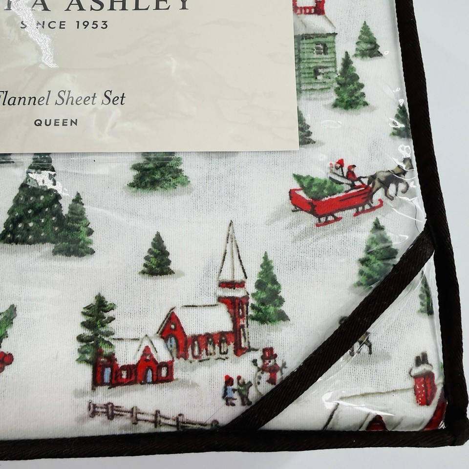 Laura Ashley Holiday Village Christmas Flannel Queen Sheet Set Cotton ...