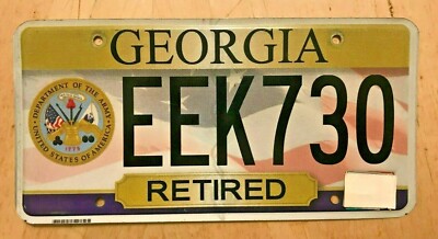 GEORGIA RETIRED US ARMY VETERAN LICENSE PLATE " EEK 730 " GA MILITARY ...