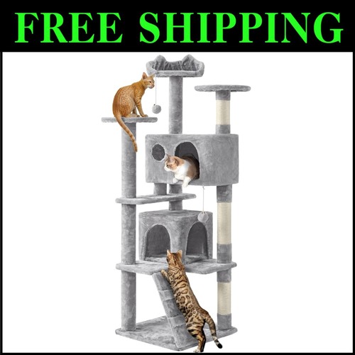 Sturdy Indoor Cat Tower with Double Condos, Scratchers & Stability ...