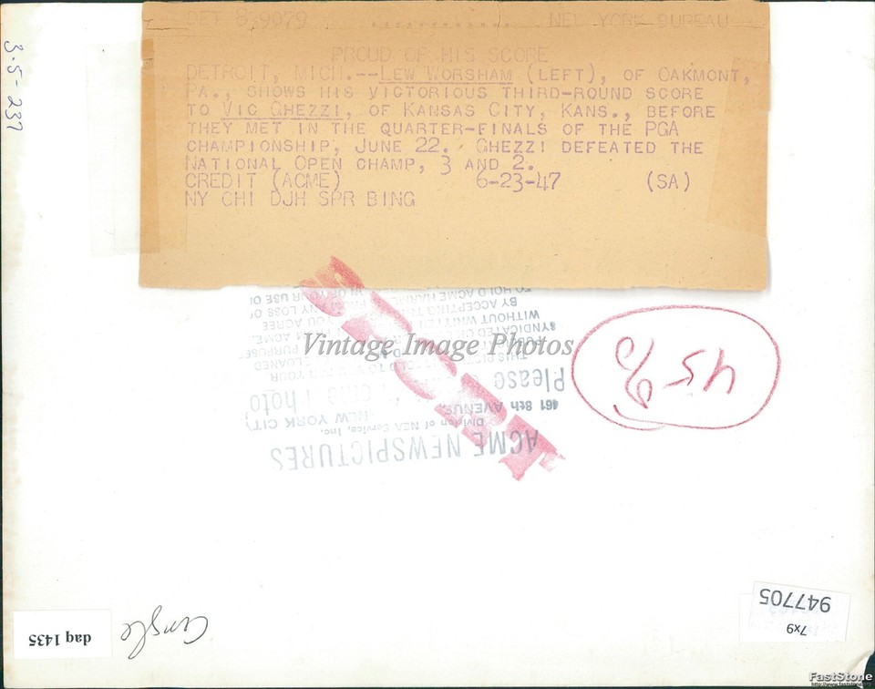 1947 Lew Worsham Vic Ghezzi Detroit Mi Pga Championship Golfers ...