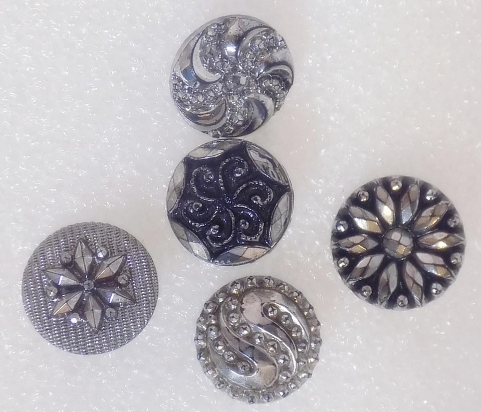Lot of 5 Silver Luster Black Glass Buttons Lacy Diamond Daisy Swirls ...