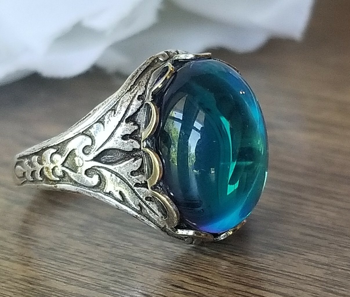 aqua blue ring silver oval adjustable, vintage style filigree setting ...