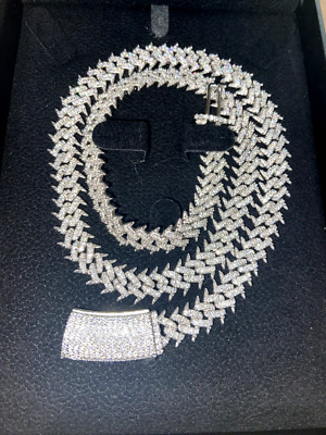 10mm MOISSANITE Miami Cuban Link Prong Chain 925 Silver Necklace Spike ...