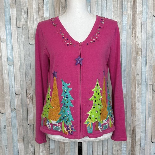 Vintage S 90s Pink Colorful Beaded Christmas Tree Cardigan Sweater ...
