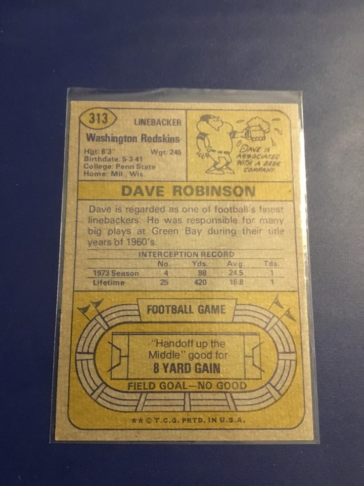1974 Topps # 313 Dave Robinson Washington Redskins Football Card | eBay