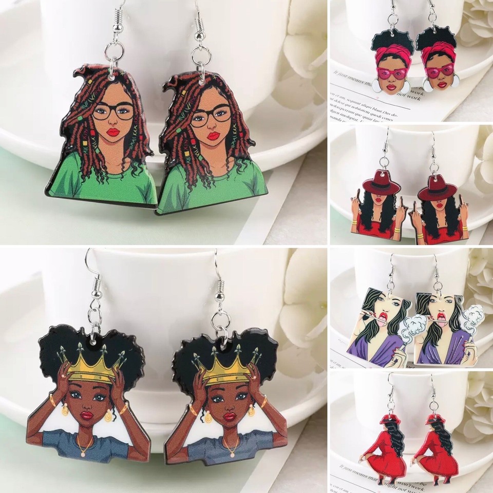 Afro Sista Woman Queen Crown Punk Acrylic Drop Dangle Fashion Earrings ...