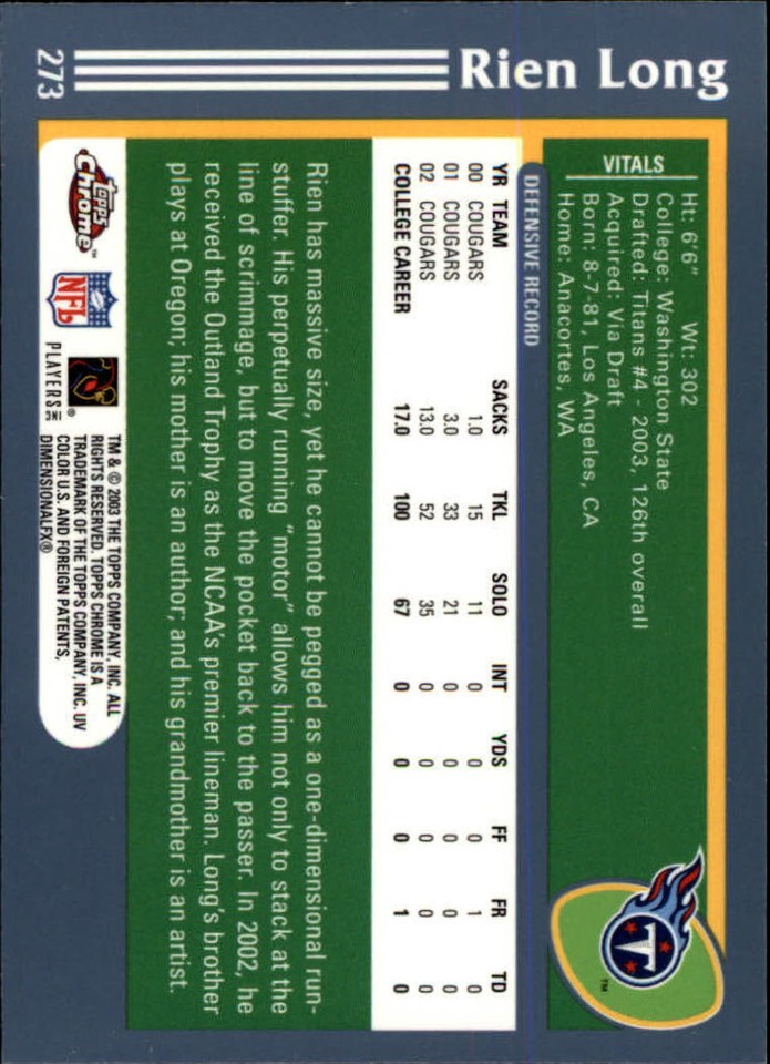 2003 Topps Chrome #273 Rien Long RC | eBay