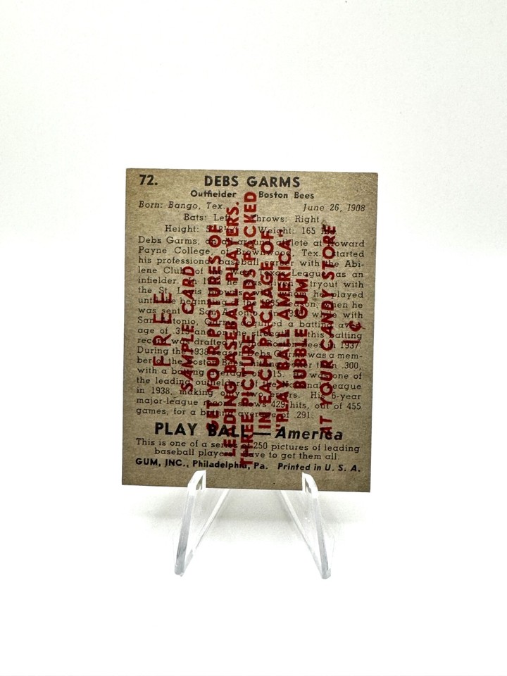 1939 Play Ball Debs Garms #72 EX (SAMPLE BACK) | eBay