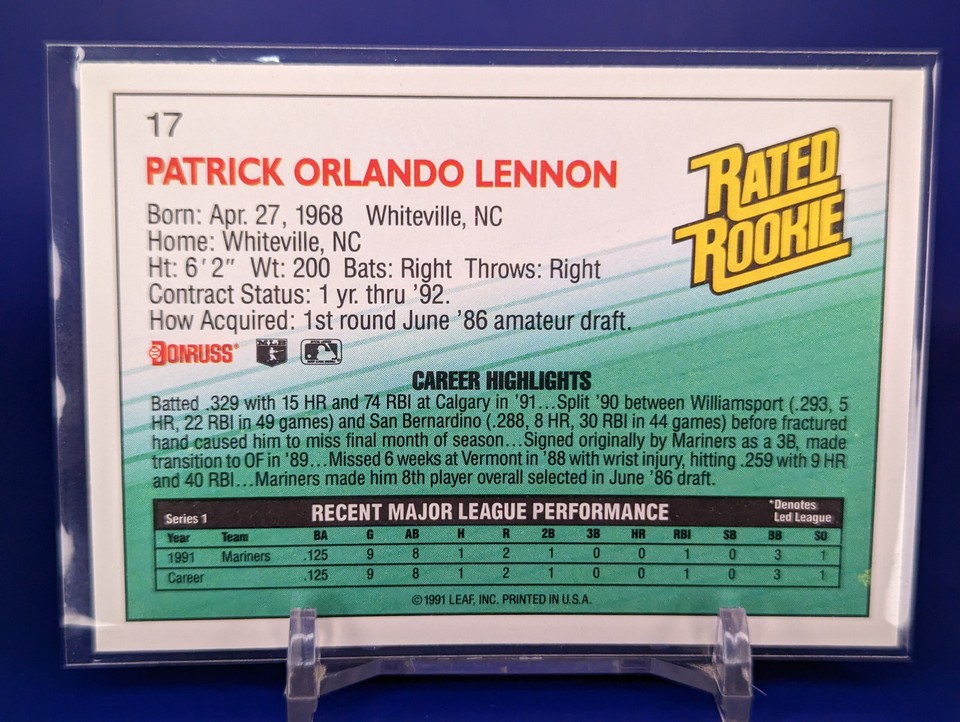 Pat Lennon Rated Rookie 1992 Leaf Donruss #17 Mariners | eBay