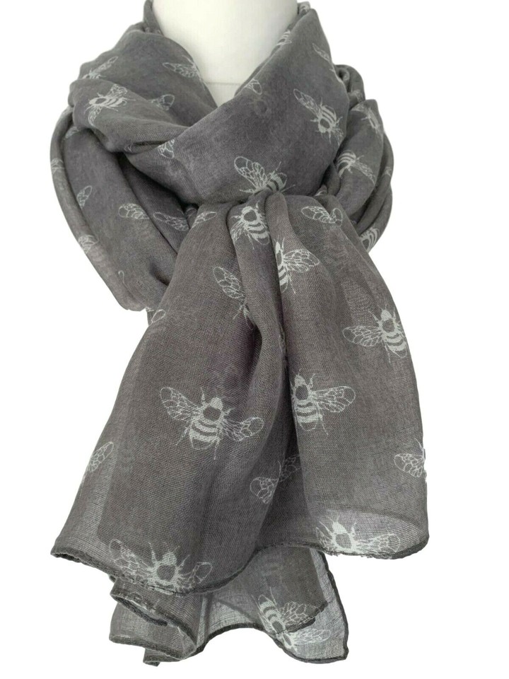 Bee Scarf Ladies Grey White Bumble Bees Print Wrap Womens Light Weight ...