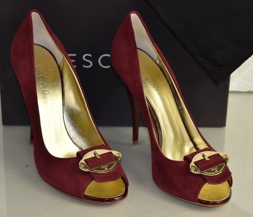 $590 New Escada Peep Toe Pumps Suede Ruby Red Gold Buckle Heels Shoes ...