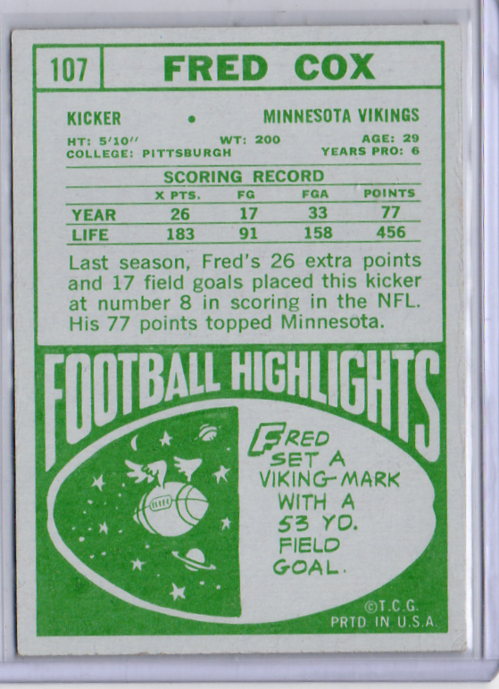 FRED COX 1968 TOPPS FOOTBALL CARD #107 VIKINGS EX/NM A115 | eBay