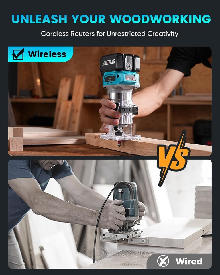 Avhrit 21V Cordless Wood Hand Palm Router for Trimmer Cutting 2*4000mAh ...