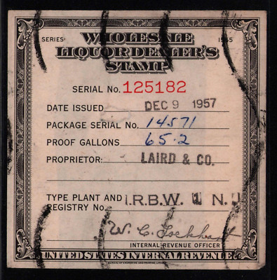 US Liquor Stamp Wholesale Dealer's Series 1955 CD-89 Tax Paid Dated 12 ...