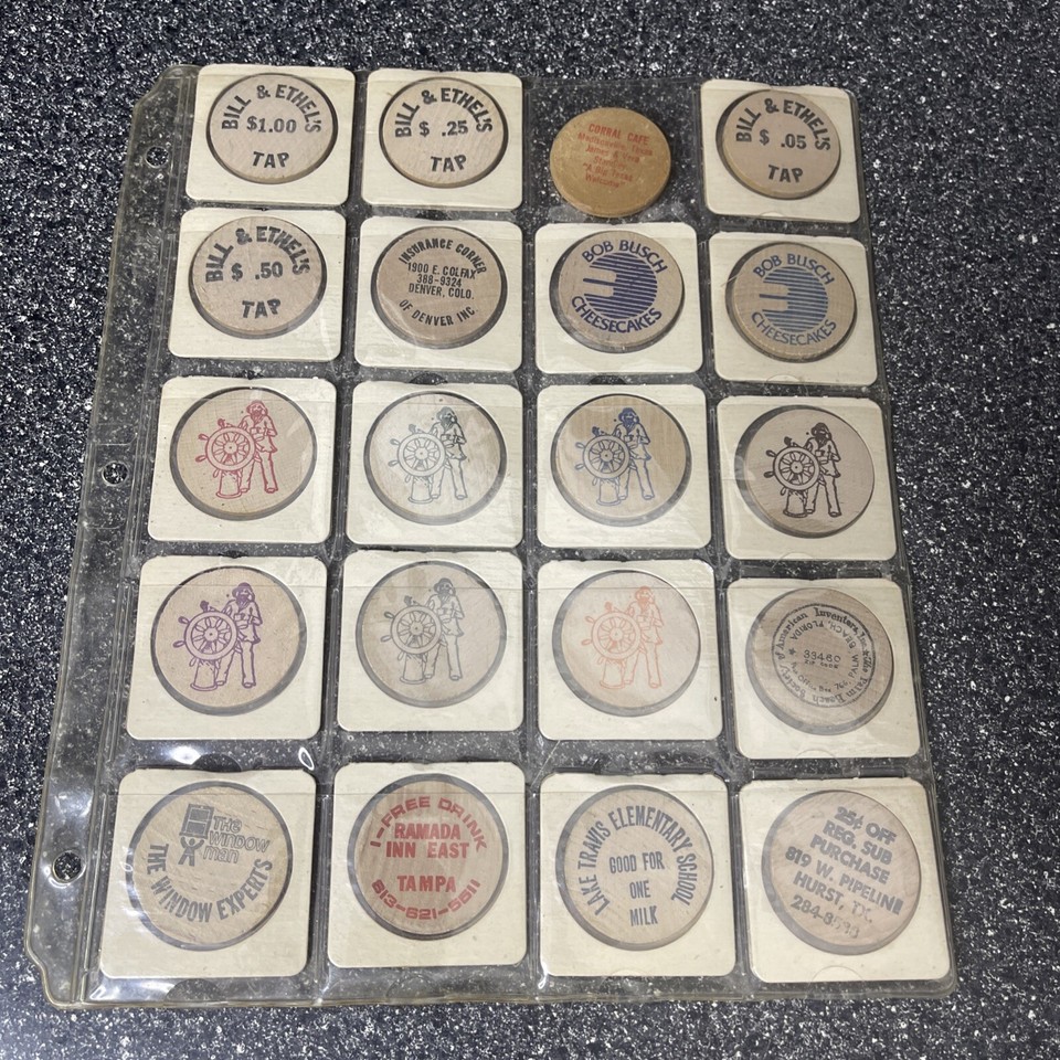 VINTAGE Lot of 20 ASSORTED WOODEN NICKLE ADVERTISING TOKENS | eBay