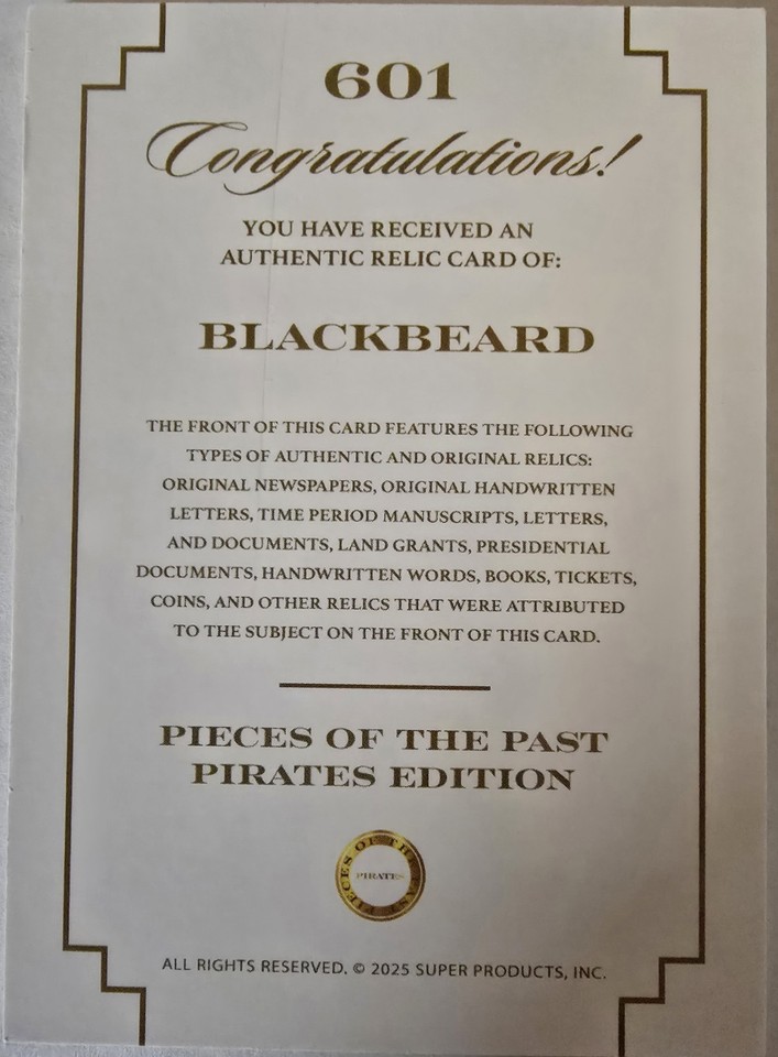2025 Pieces Of The Past Pirates Edition Blackbeard CLOTH Relic #601 | eBay