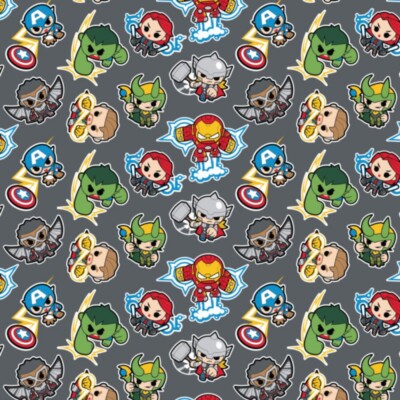 100% Cotton Fabric Marvel Mini Action Heroes Thor Hulk Iron Man Loki ...