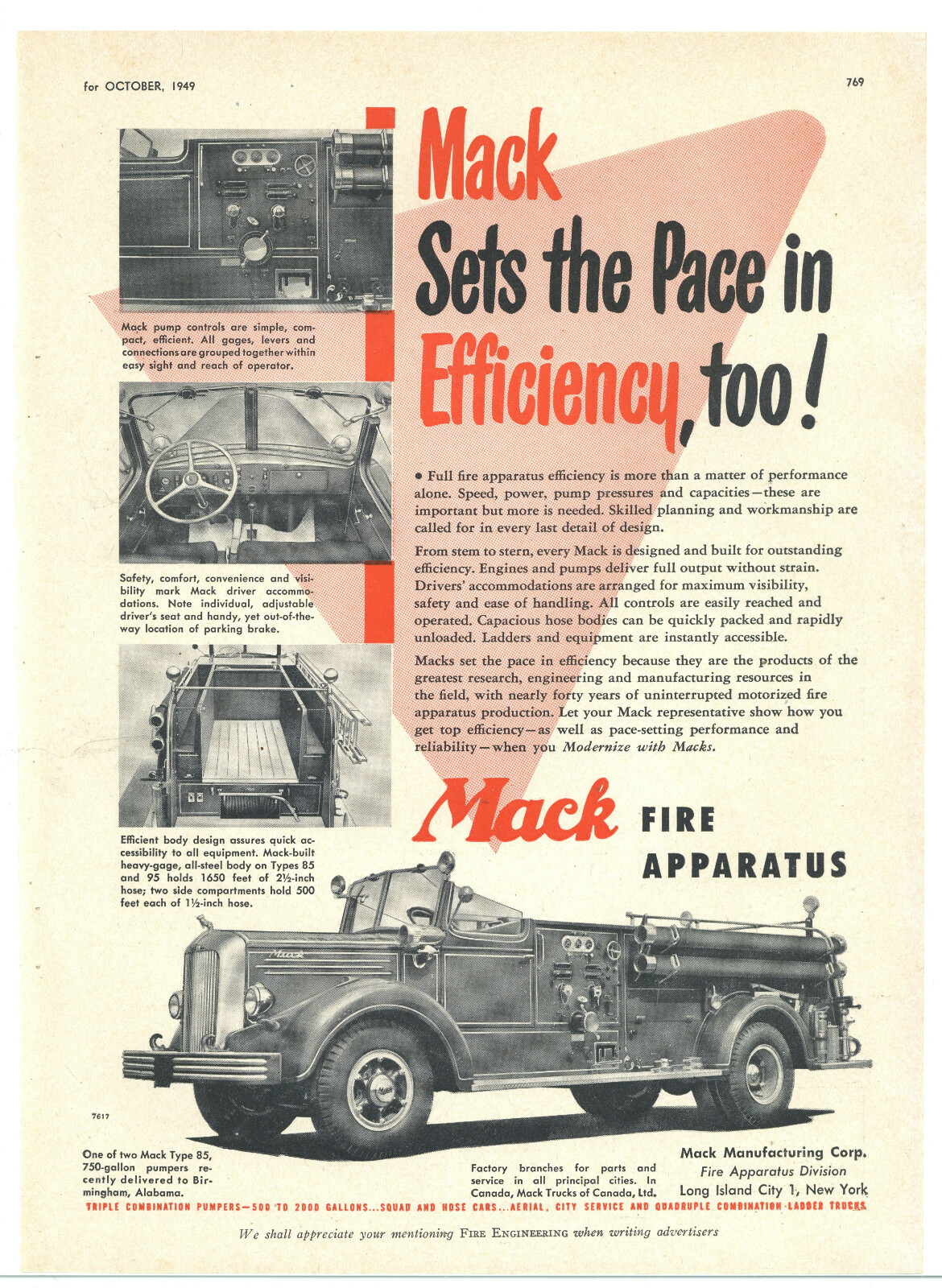 1949 Mack Fire Apparatus Ad: Type 85 Pumper for Birmingham, Alabama ...