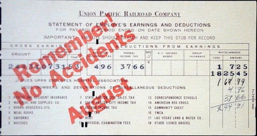 Union Pacific Employee Pay Stub No Accidents Safety Railroad Record 7 ...