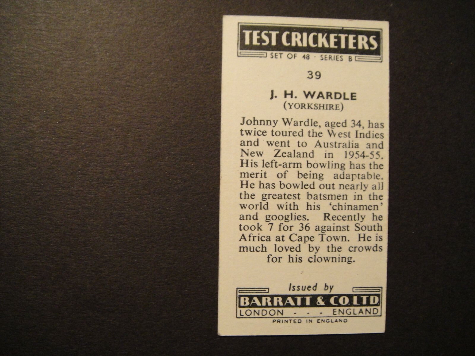 BARRATT TEST CRICKETERS B SERIES #39 JOHNNY WARDLE YORKSHIRE ENGLAND ...