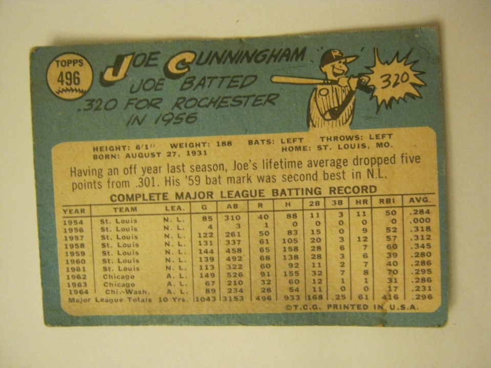 1965 Topps #496 Joe Cunningham Baseball Card (CS-54) | eBay