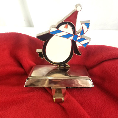 Penguin & Christmas Tree 2 Pc Chrome Metal w/Enamel Stocking Holders ...