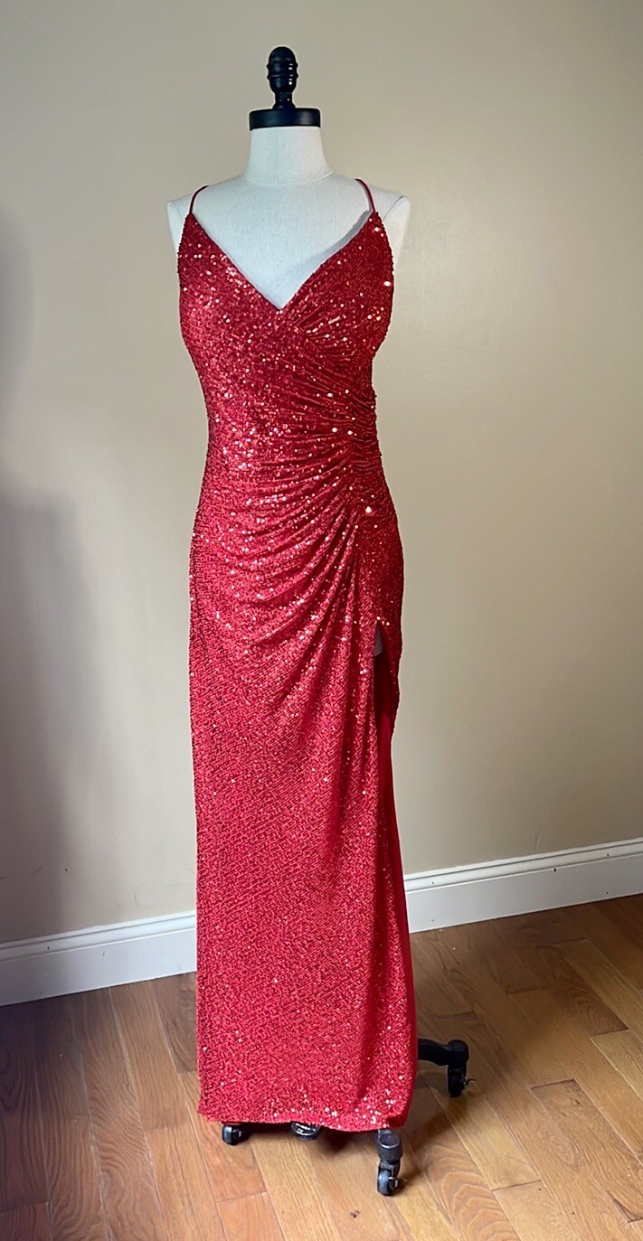 CINDERELLA Divine Sequin Gown Dress Red Slit Spaghett… - Gem