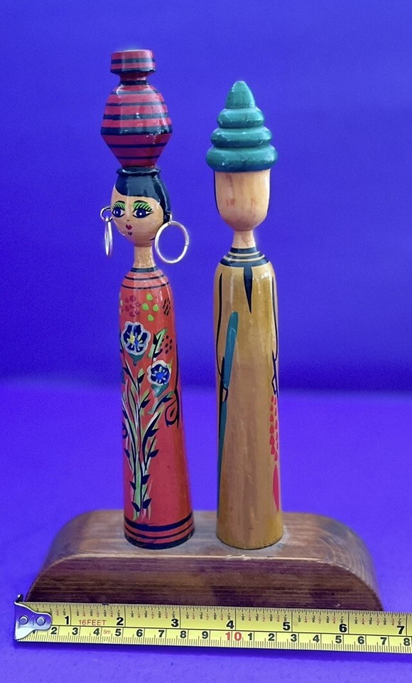 Egyptian Folk Art Wooden Spindle Dolls Hand Painted Women & Man on ...