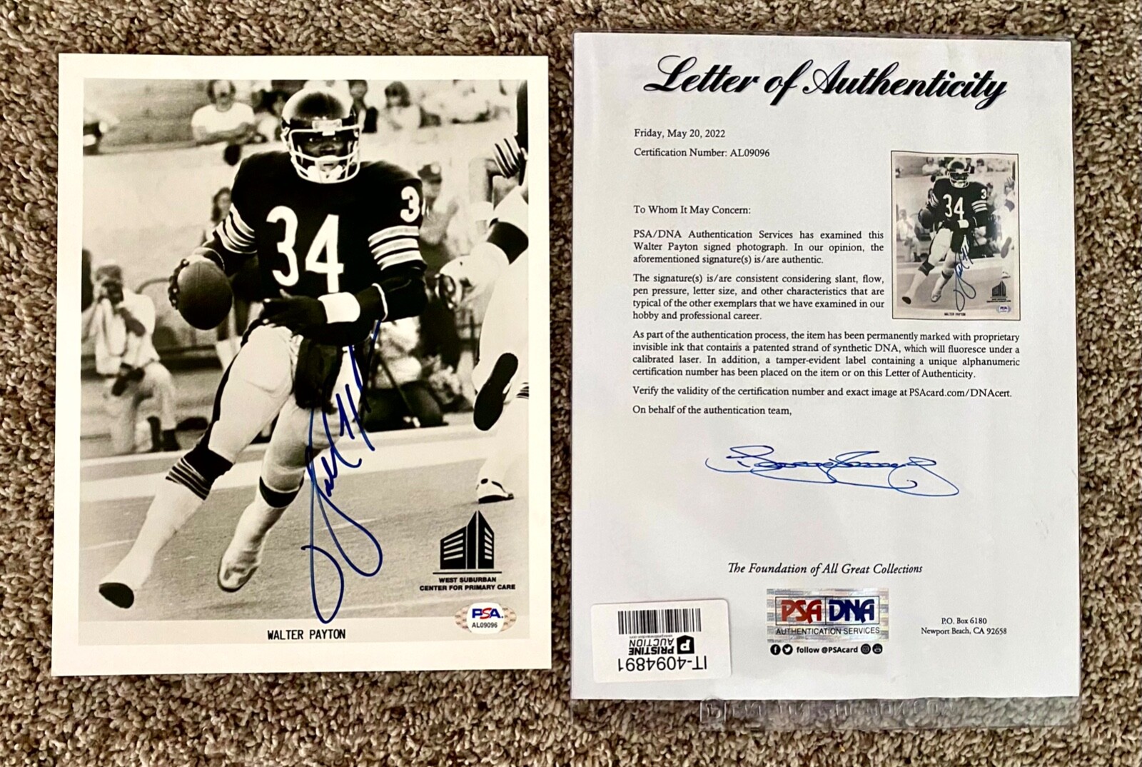 Walter Payton Sweetness Chicago Bears Signed 8x10 Photo PSA Letter RARE ...