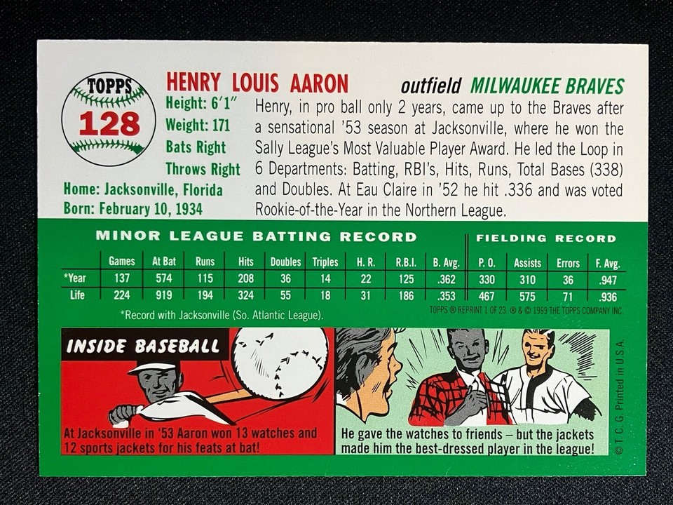 Henry Hank Aaron 128 ⚾️ 1999 topps Limited Commerative Reprint ‘54 RC ...