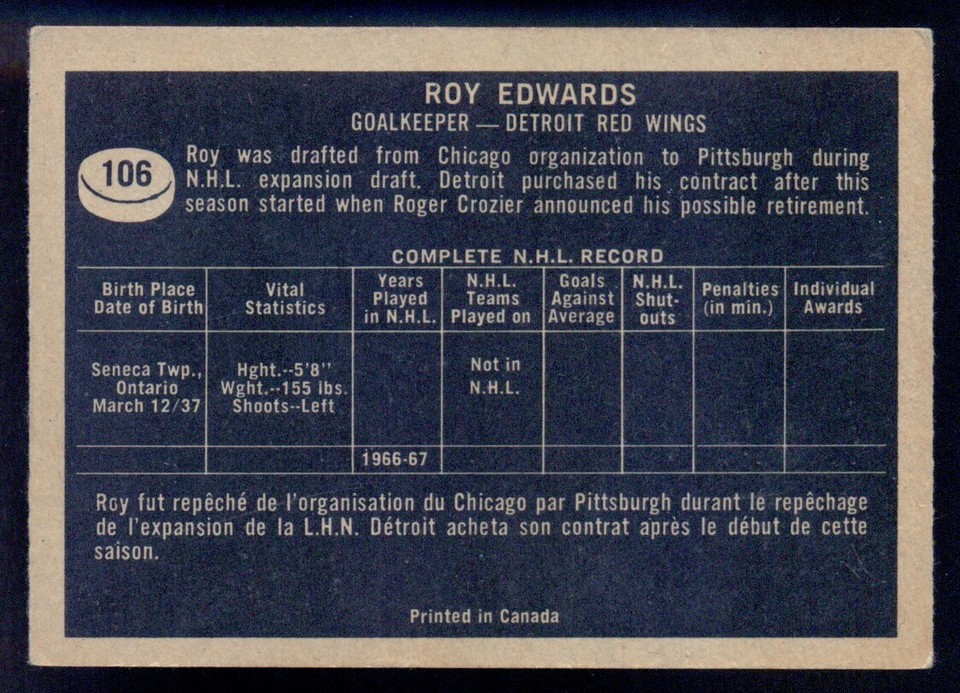 1967-68 TOPPS HOCKEY NHL #106 Roy Edwards EX+ DETROIT RED WINGS Card | eBay