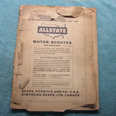 Original Sears Allstate Scooter Service & Parts Manual (Rough Condition ...