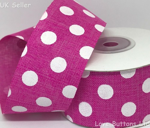 PRETTY SPOT PRINT CERISE HESSIAN RIBBON 38mm WEDDING CHIC BURLAP 1M ...