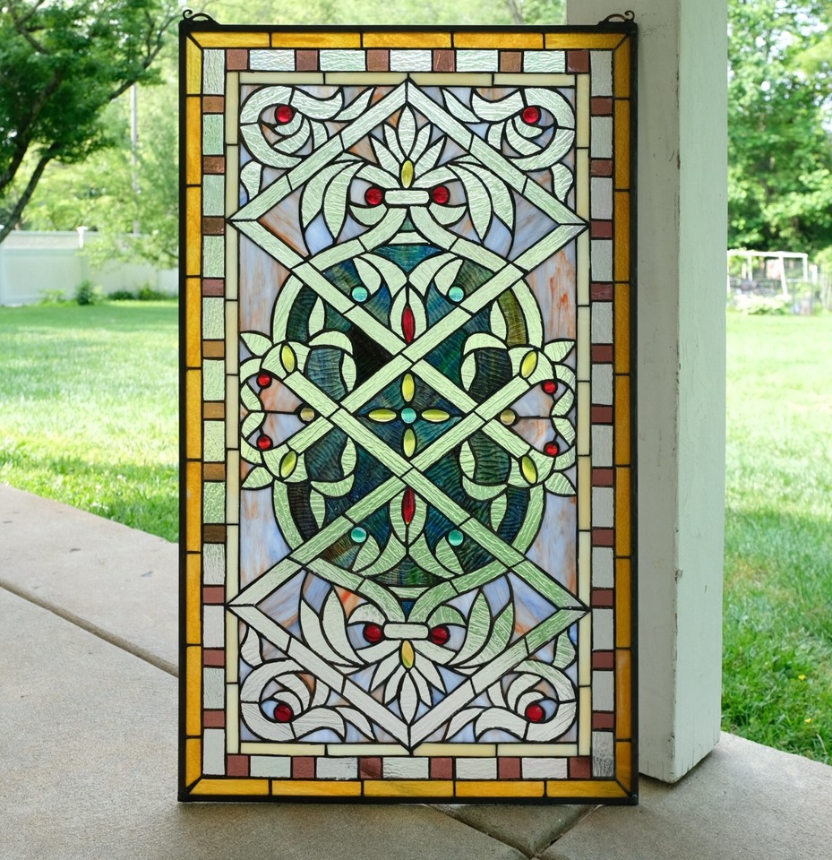 20" x 34" Tiffany Style stained glass panel Jeweled window panel | eBay