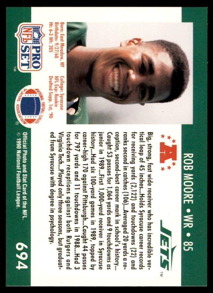 1990 Pro Set Rob Moore Rookie New York Jets #694 | eBay