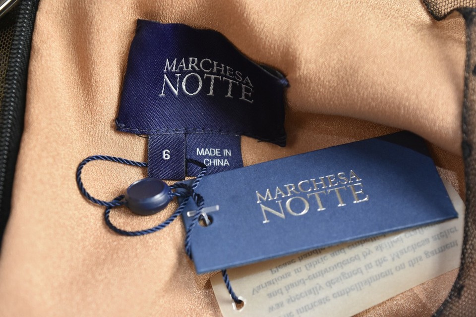 $1095 NEW Marchesa Notte Sheer Sleeve Gold Embroidered Gown Black Dress ...