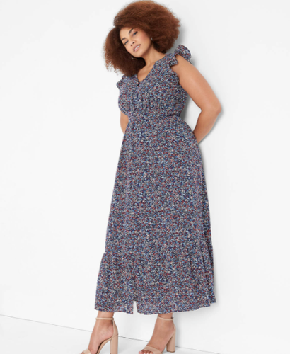 Lane Bryant Flutter-Sleeve Maxi Dress Navy Floral Resort Wear Plus 20L ...