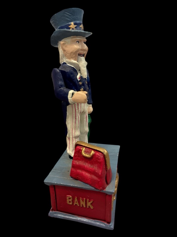 70s Mechanical Cast Iron Uncle Sam Coin Bank cast iron Works Repop | eBay