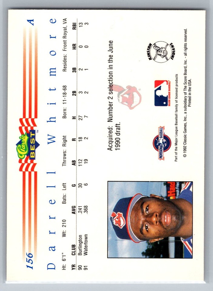Darrell Whitmore 1992 Classic Best Set Break BASEBALL #156 Kinston ...