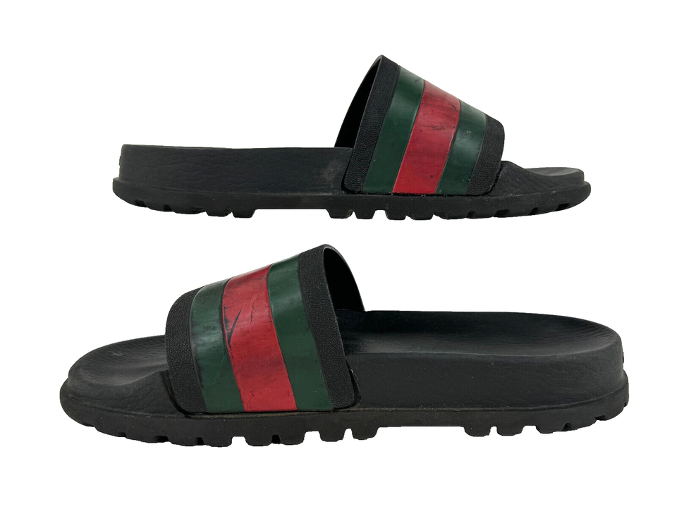 Gucci Auth Men 10.5 US 10 UK 44 EU Black Web Rubber Pool Slides Sandals ...